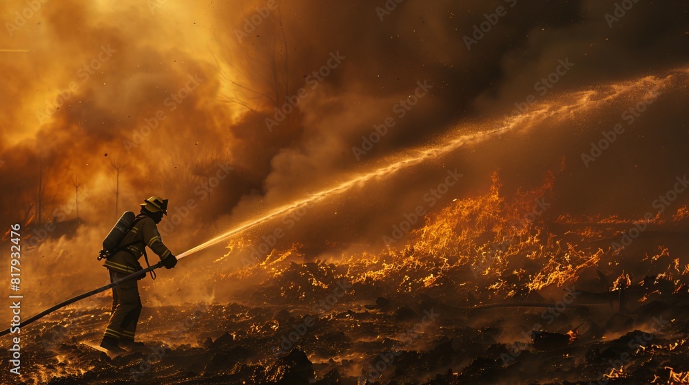 Firefighter Using a Hose: At the site of a fire, a firefighter operates ...