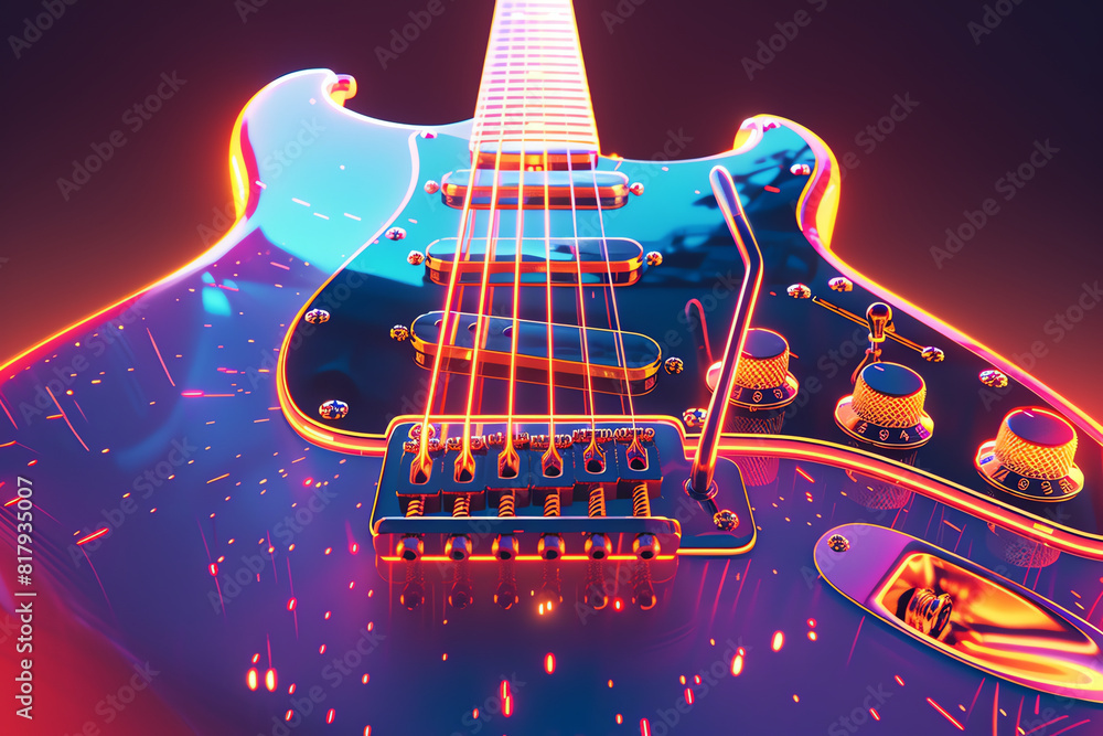 An electric guitar with a glossy blue finish and glowing strings ...