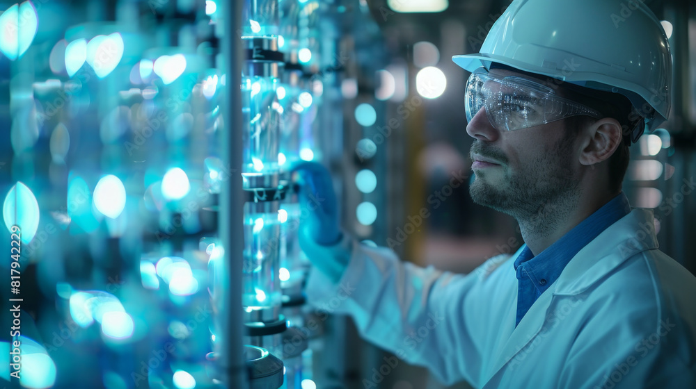 Engineers inspecting hydrogen fuel cell stack in high-tech lab for ...