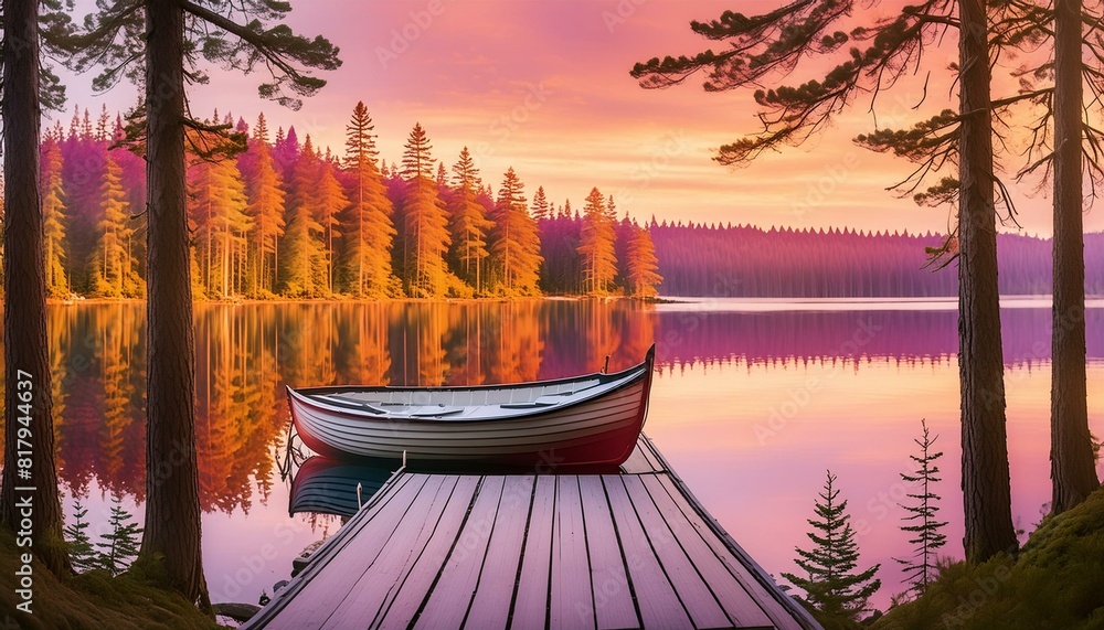 a serene lakeside scene at sunset. A small boat tied to a wooden dock ...