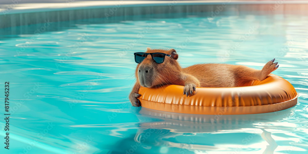 Capybara relaxing on an inflatable ring in a swimming pool. Concept of ...