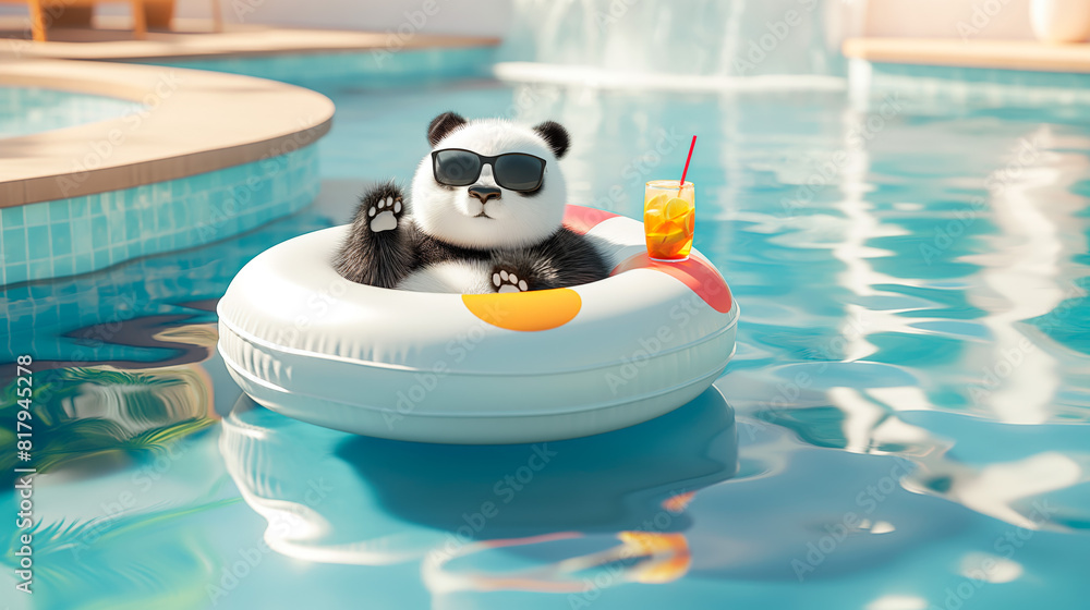 Cute panda floating in a pool on an inflatable ring with a drink ...