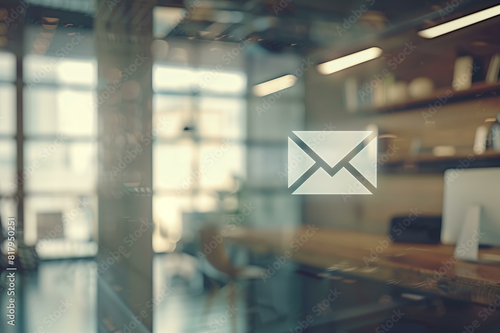 sleek email icon floating modern office in the background, blurred ...