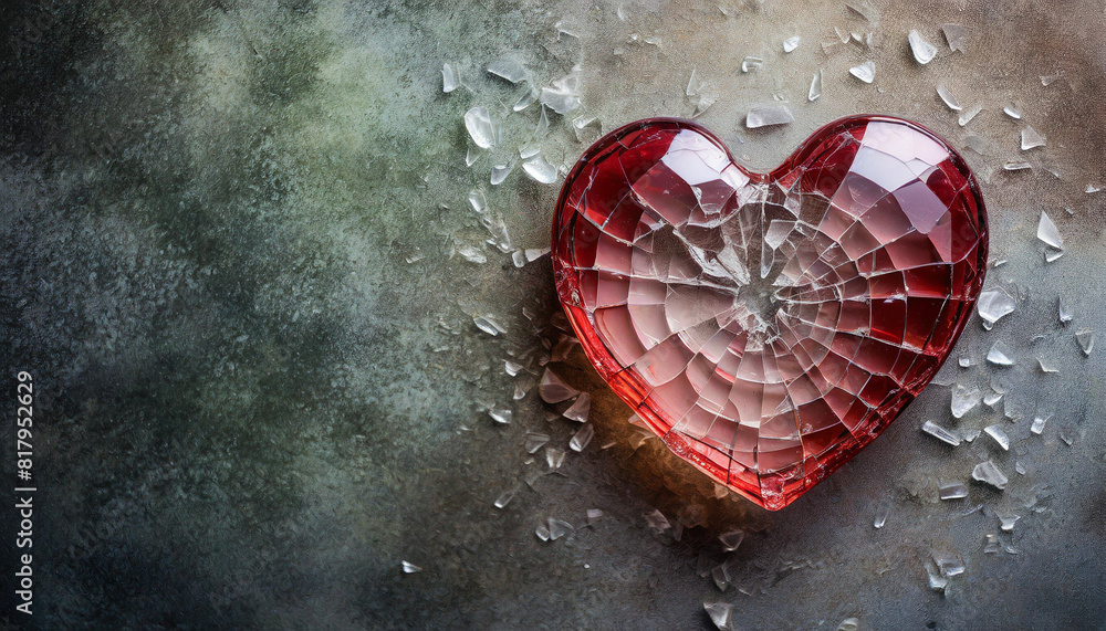 broken heart-shaped glass on a shattered background, with space for a ...