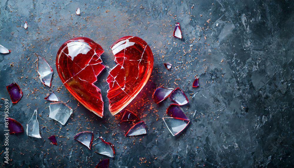 broken heart-shaped glass on a shattered background, with space for a ...