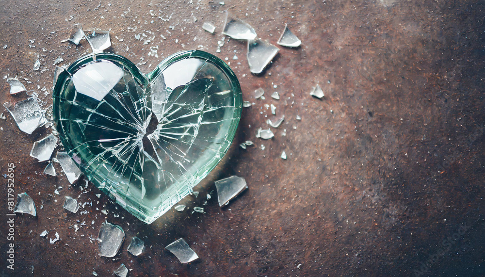 broken heart-shaped glass on a shattered background, with space for a ...
