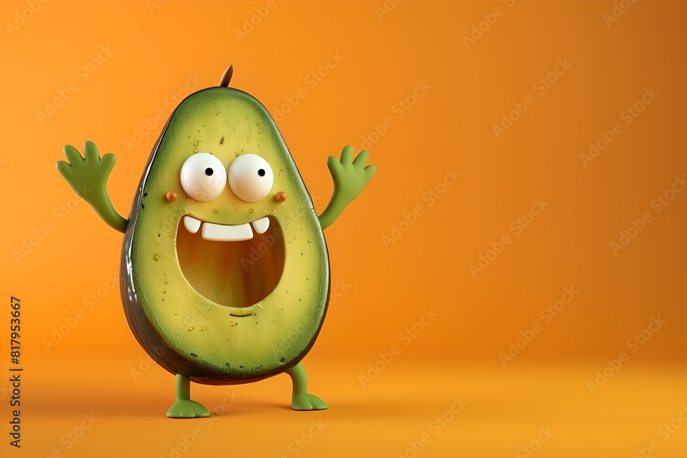 Animated Avocado Character Delighting in Fun Pose on Orange Background ...