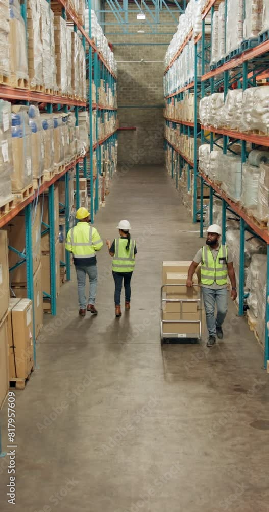 People, worker and warehouse with distribution of package for wholesale ...