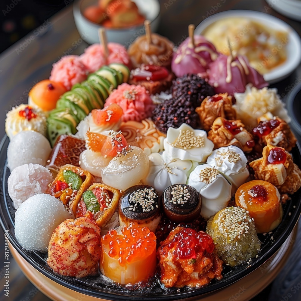 A platter featuring traditional Korean desserts like bingsu (shaved ice with toppings ...