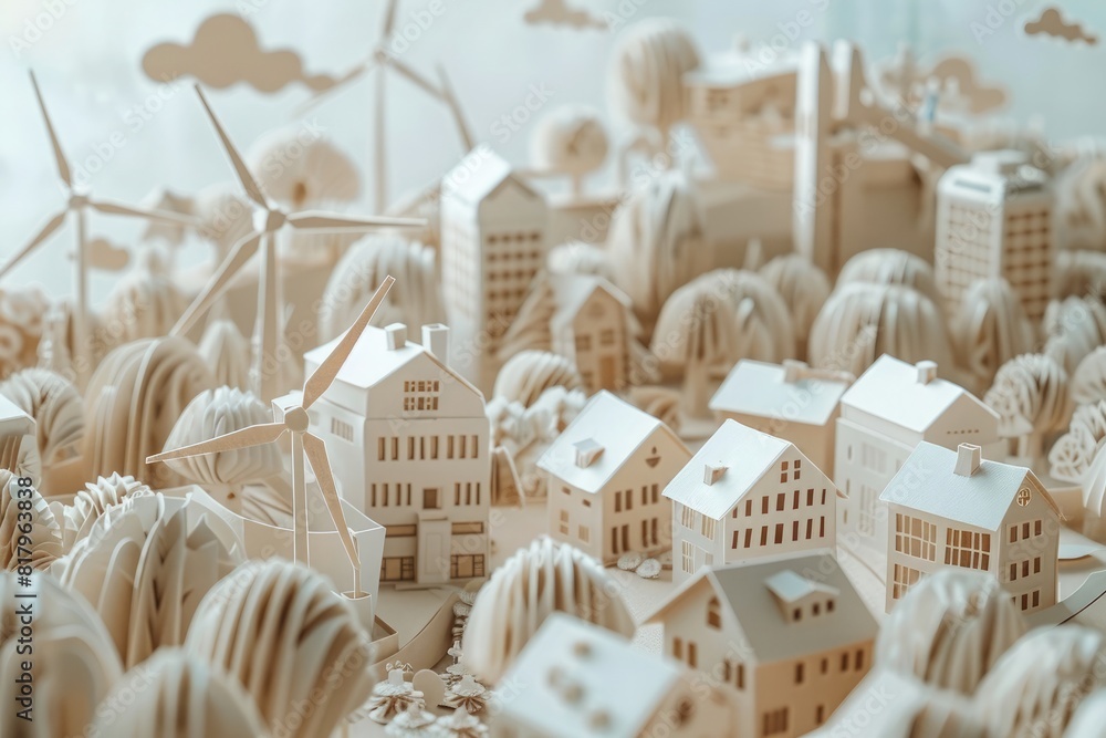 3d paper model of city with wind turbines and trees, with buildings ...