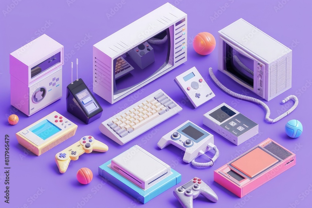 3D render of colorful retro tech objects, computers and game consoles ...