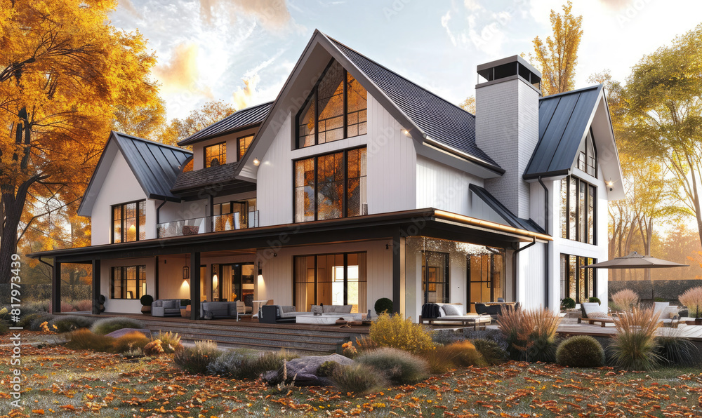3d rendering of modern farmhouse style house with gable roof and white ...
