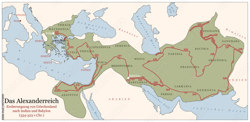 The Empire of Alexander the Great on his conquest course from Greece to ...