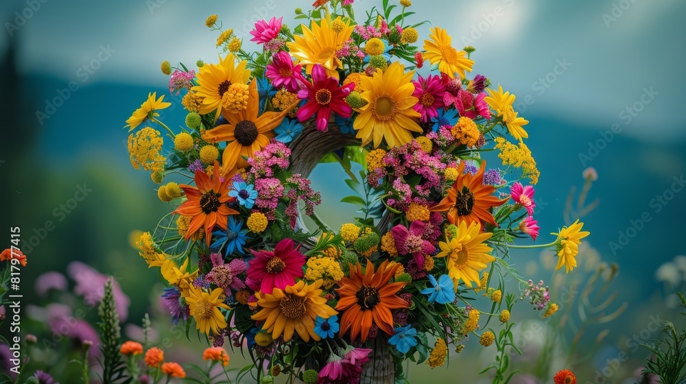 summer solstice celebration, a colorful flower wreath on a tall pole ...