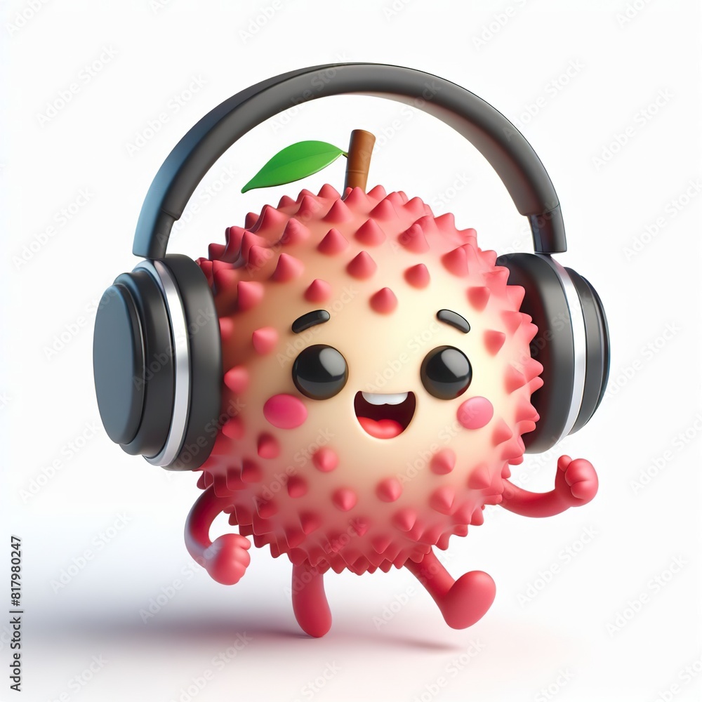 cute 3D funny cartoon lychee with small wireless headphone on head ...