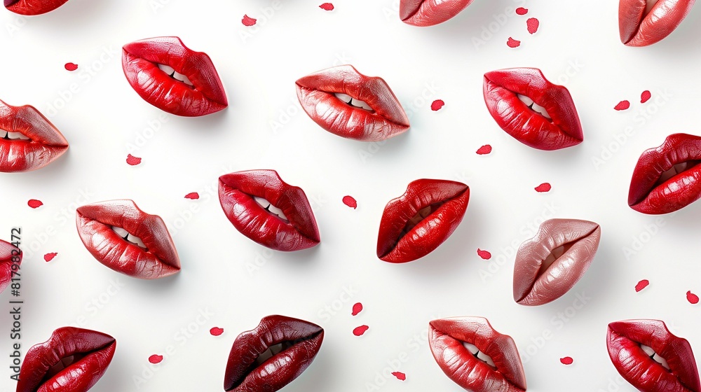 white background with lips painted with lipstick in red and burgundy ...