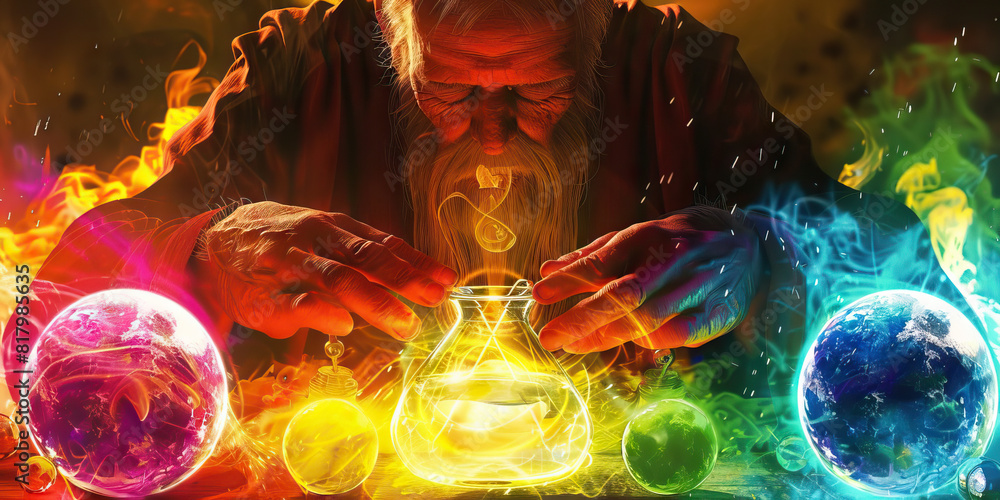 The Symphony of Elemental Alchemy: An ethereal figure, garbed in ...