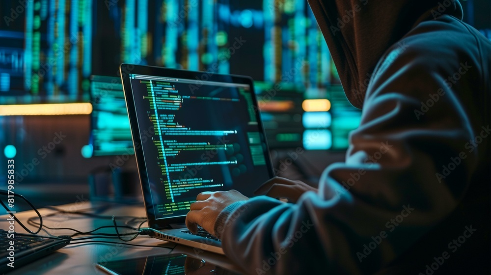Person in dark room seen typing on laptop with green text on screen ... Person in dark room seen typing on laptop with green text on screen ...
