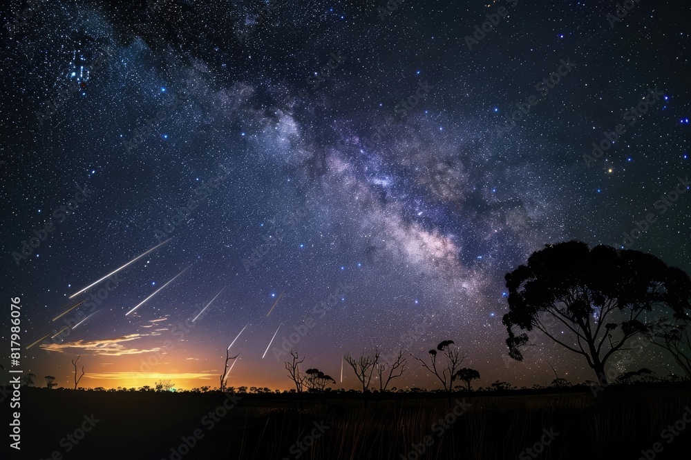 A night sky with the Milky Way and shooting stars over an Australian ...