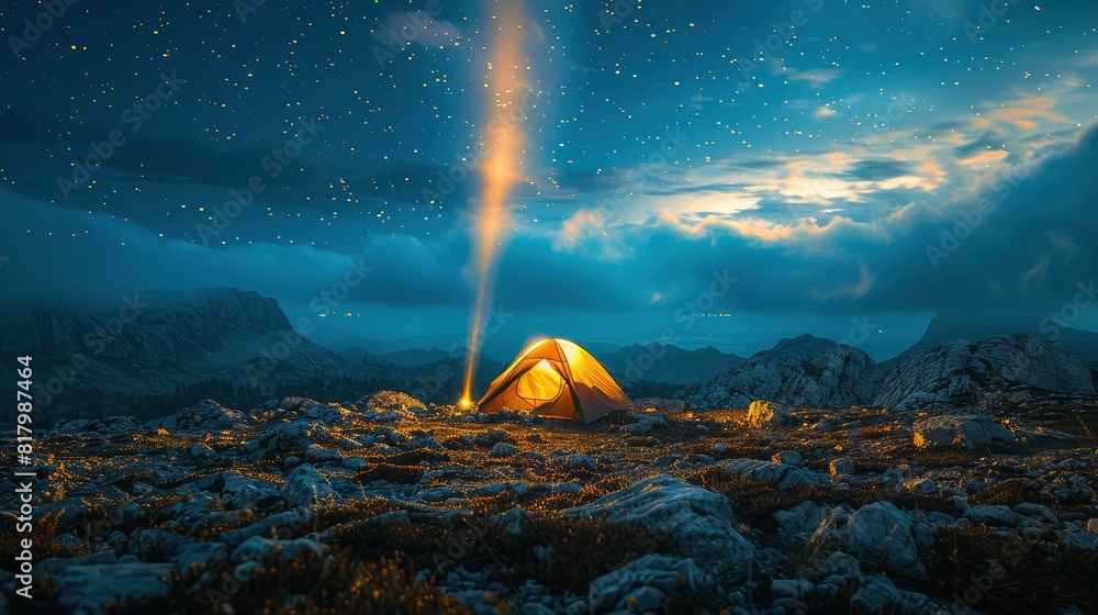 Himalayas Nighttime Adventure: Lit Tent Under Starry Sky – Serene Wilderness Camping Experience ...