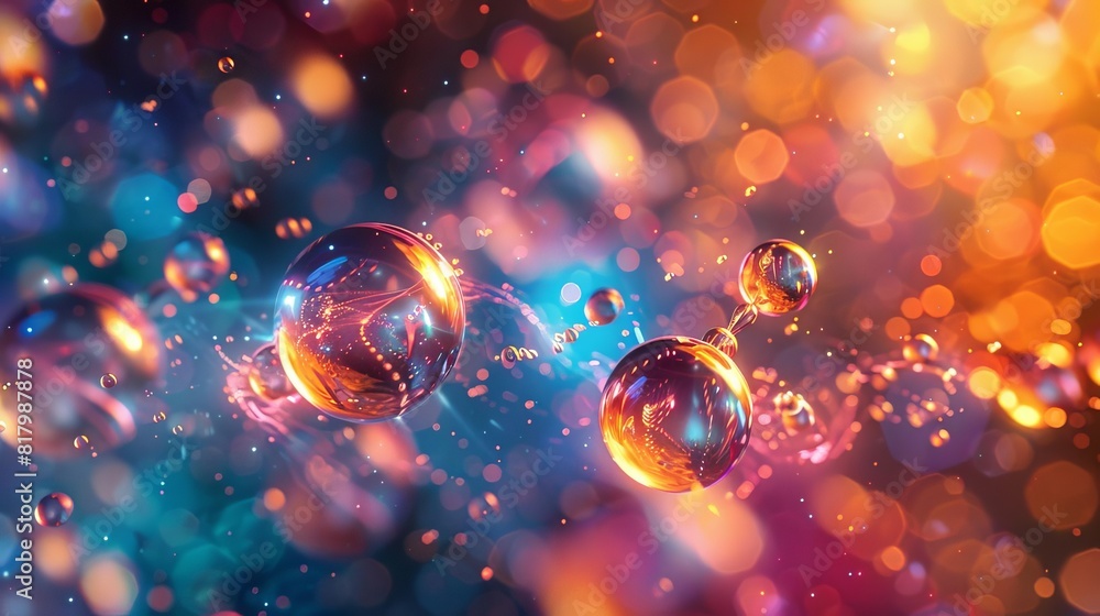 Artistic depiction of hydrogen atoms converting into fuel, bright and ...