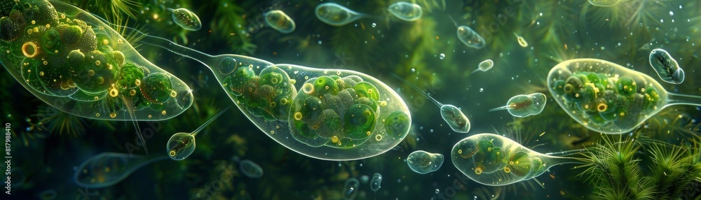 A serene depiction of Euglena, singlecelled protozoa, in their natural ...