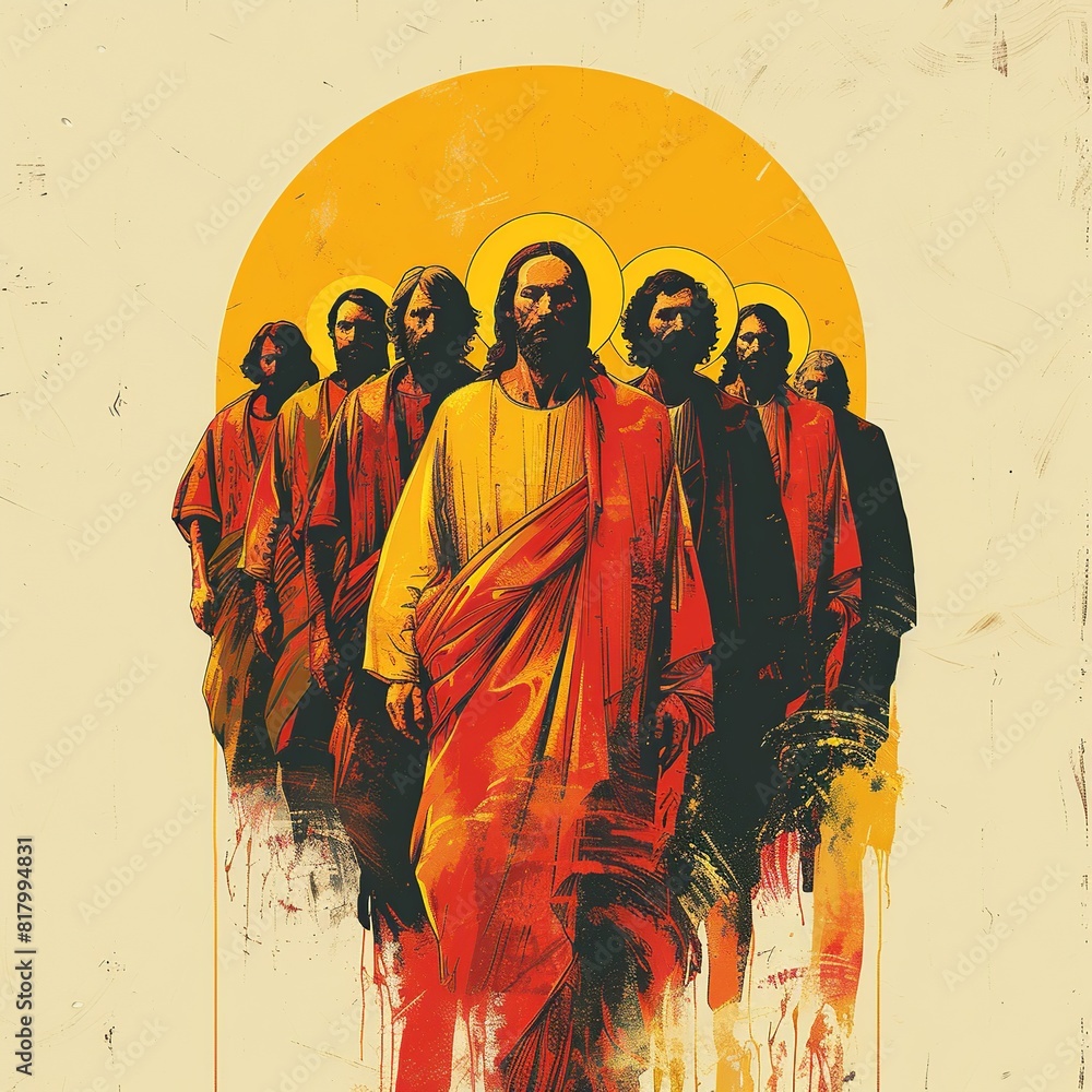 A minimalist illustration featuring Jesus and the 12 disciples ...