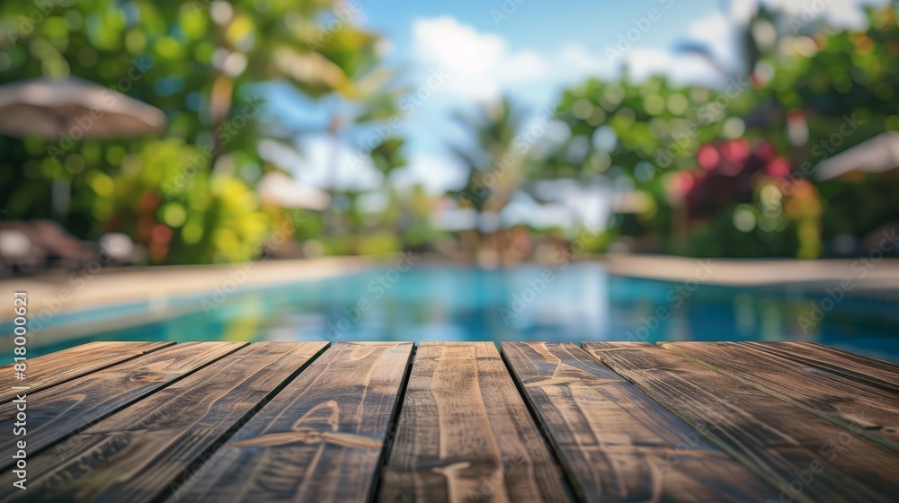 Image of wood table in front of swimming pool blur background. Brown ...