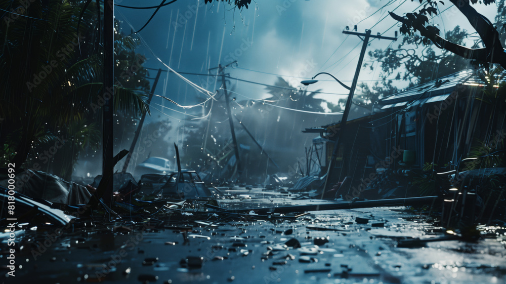 The consequences of an environmental disaster. Destroyed power lines ...