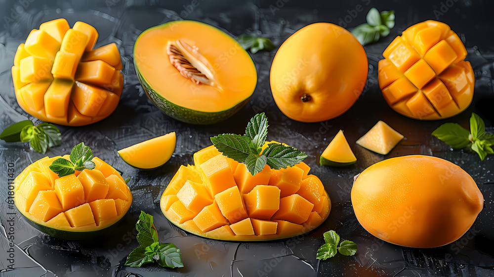 Mango Mangoes fruit, many angles and view side top front sliced halved ...