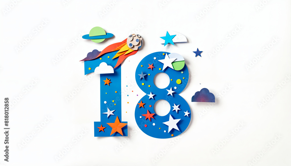 Number “18” in a playful space-themed design with stars, planets, and a ...