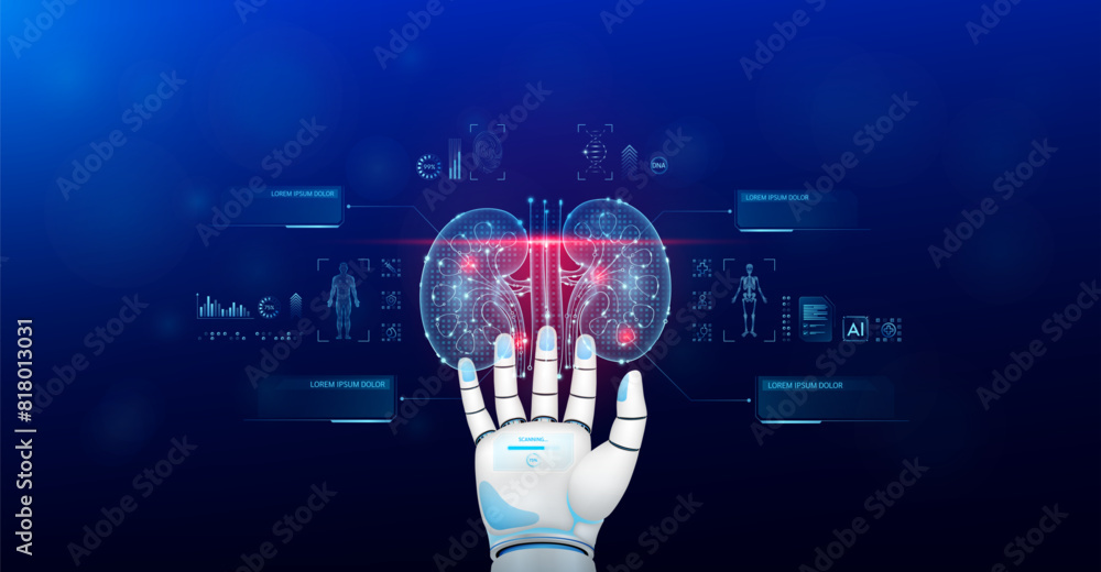 Kidney scanning robot doctor diagnose disease on hand. Screen digital ...