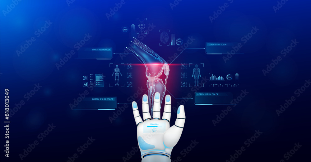 Knee joint bone scanning robot doctor diagnose disease on hand. Screen ...