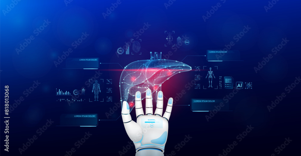 Liver scanning robot doctor diagnose disease on hand. Screen digital ...