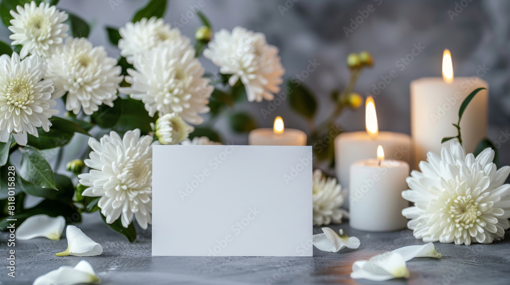 Elegant condolence background featuring a blank sympathy card, white ...