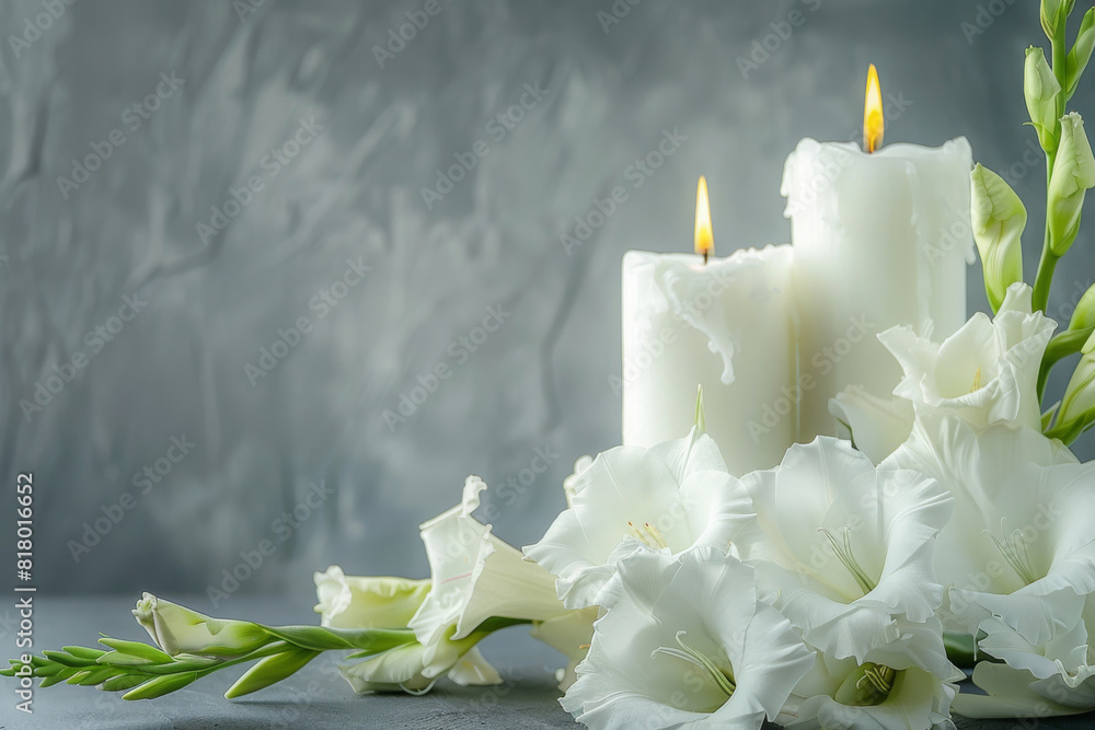 Elegant and somber condolence background featuring burning white ...