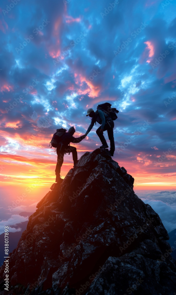 Fotografia do Stock: Silhouettes of two people climbing on mountain and ...