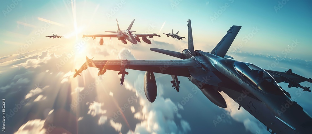 Fighter jets flying in formation during an airshow, focus on, teamwork ...