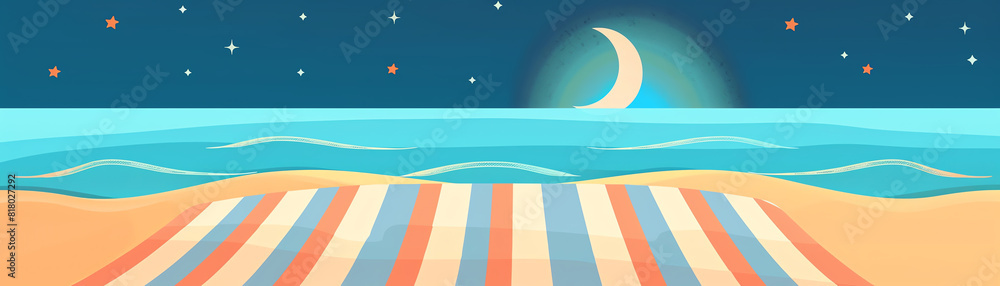striped mat on the beach with moon flat design side view family picnic ...