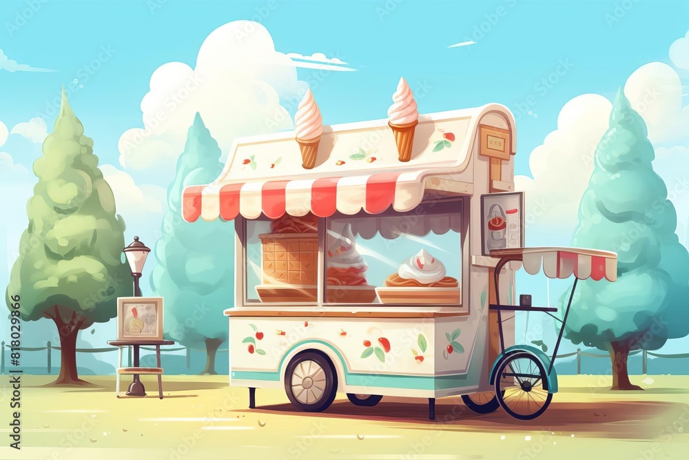 ice cream stand flat design side view city park theme water color ...