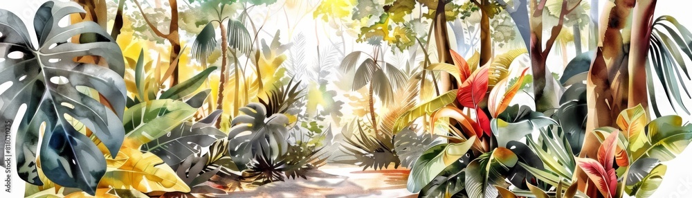 Watercolor painting of rainforest canopy flat design side view eco ...