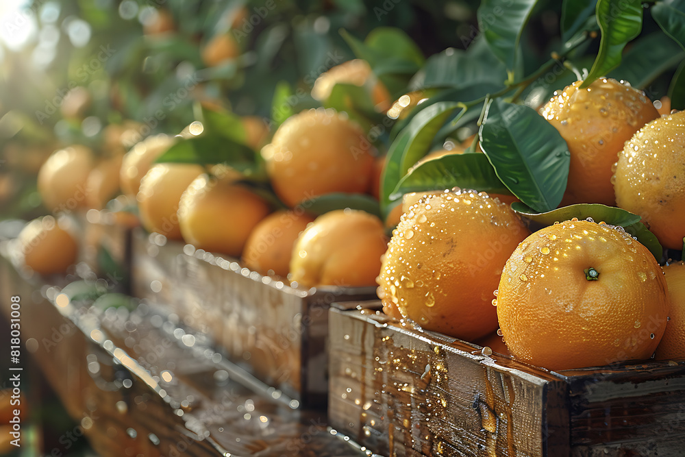 The harvested orange crop is neatly packed in wooden boxes on the ...
