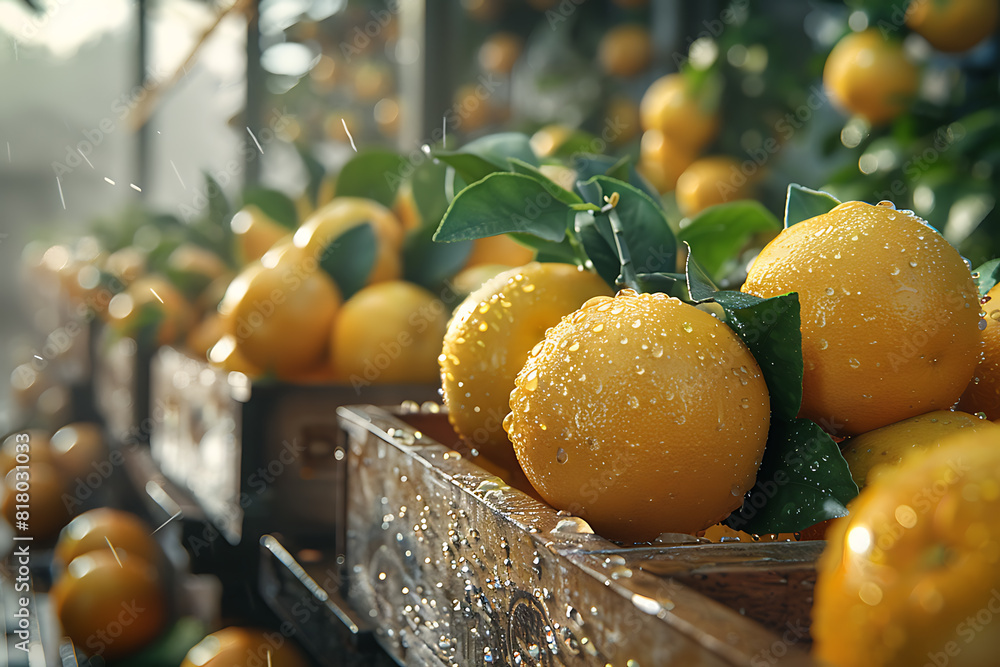 The harvested orange crop is neatly packed in wooden boxes on the ...