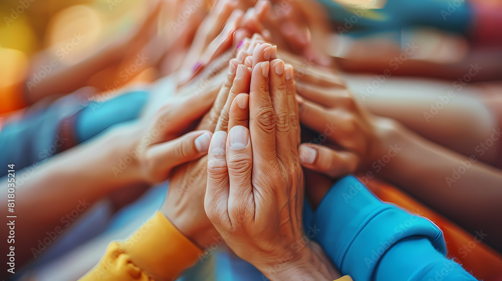 Diversity, support and people holding hands in trust and unity for community against sky ...