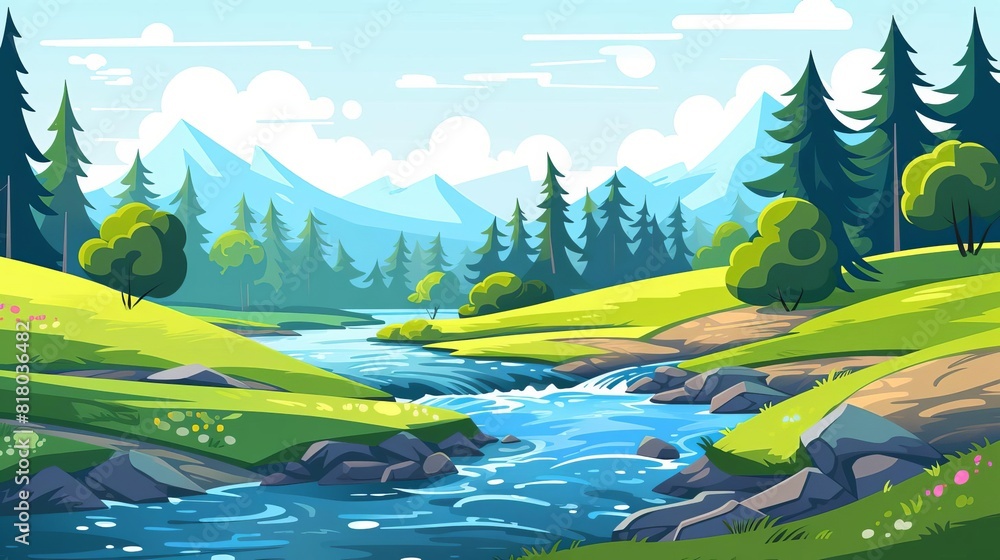 river bend flat design front view flowing water theme cartoon drawing ...