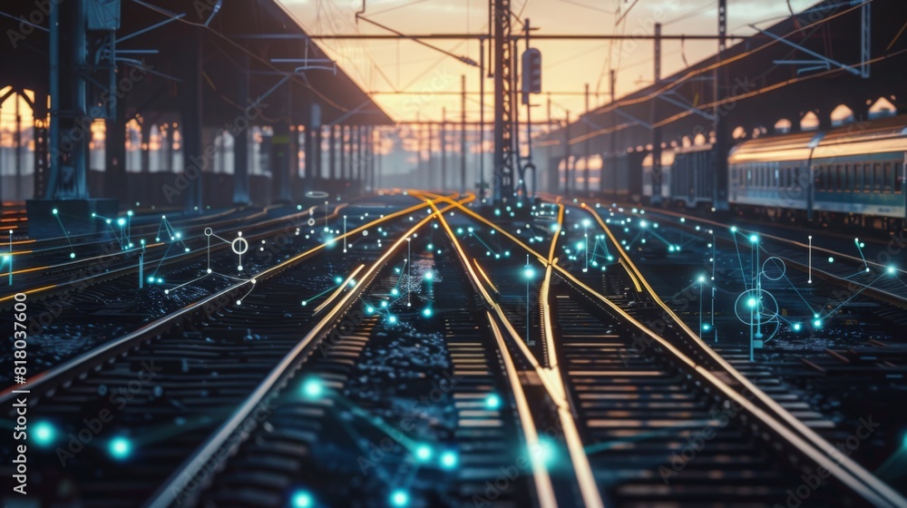 Generate a scene of a train yard with IoT sensors monitoring the ...