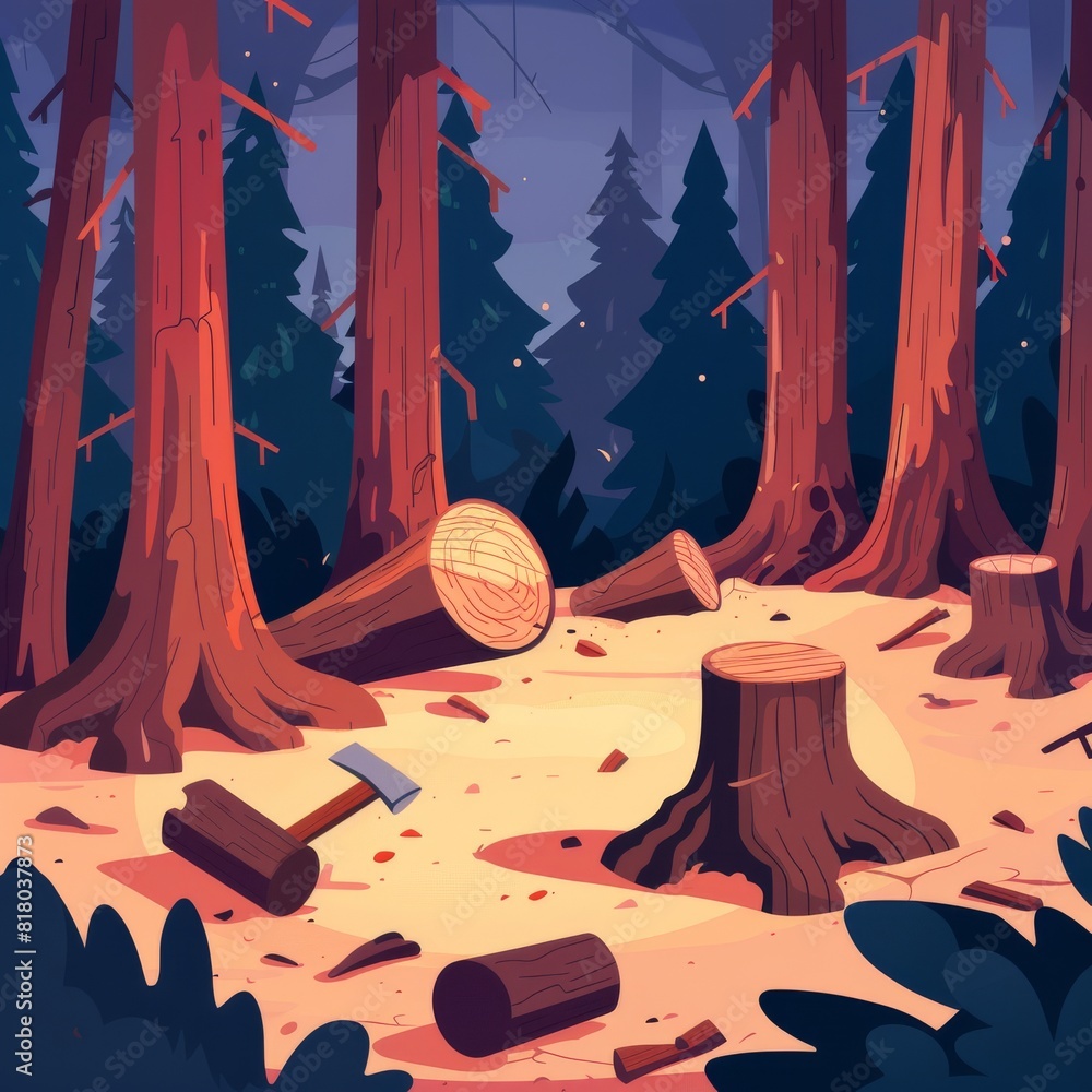 Clear-cut forest scene with scattered tree stumps and an axe, vibrant ...