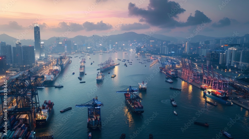 Illustrate a panoramic view of a busy harbor at dusk, with VTMS towers ...