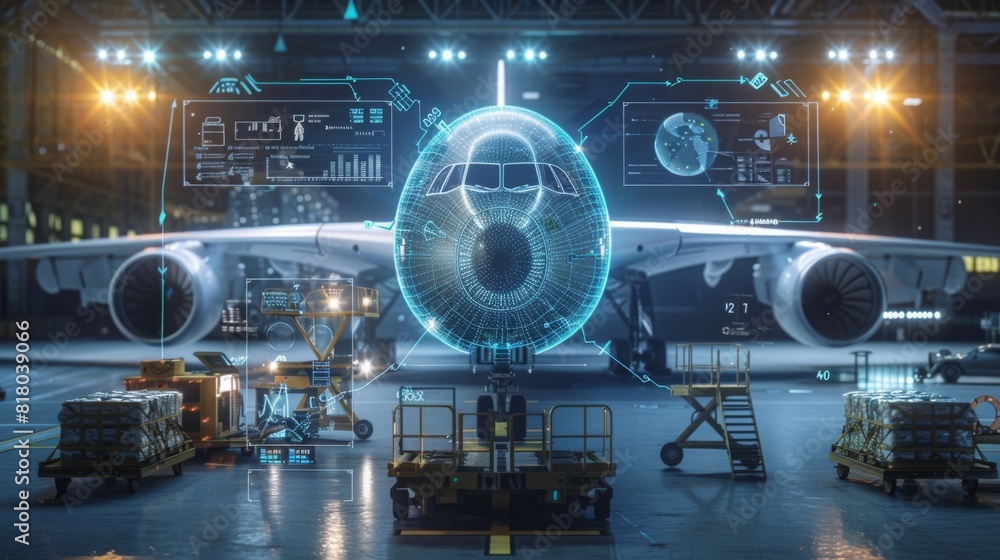 Illustrate AI algorithms optimizing cargo load distribution in an aircraft, with digital ...