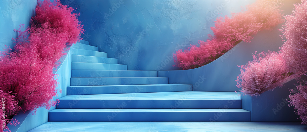 Blue Steps blue color Background, cement stairs blue color with flower ...